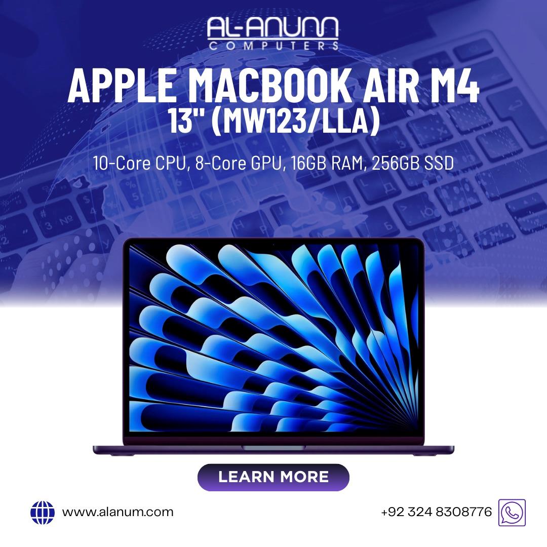 Apple MacBook Air M4 MW123LLA – 10-Core CPU, 8-Core GPU, 16GB RAM, 256GB SSD – Midnight