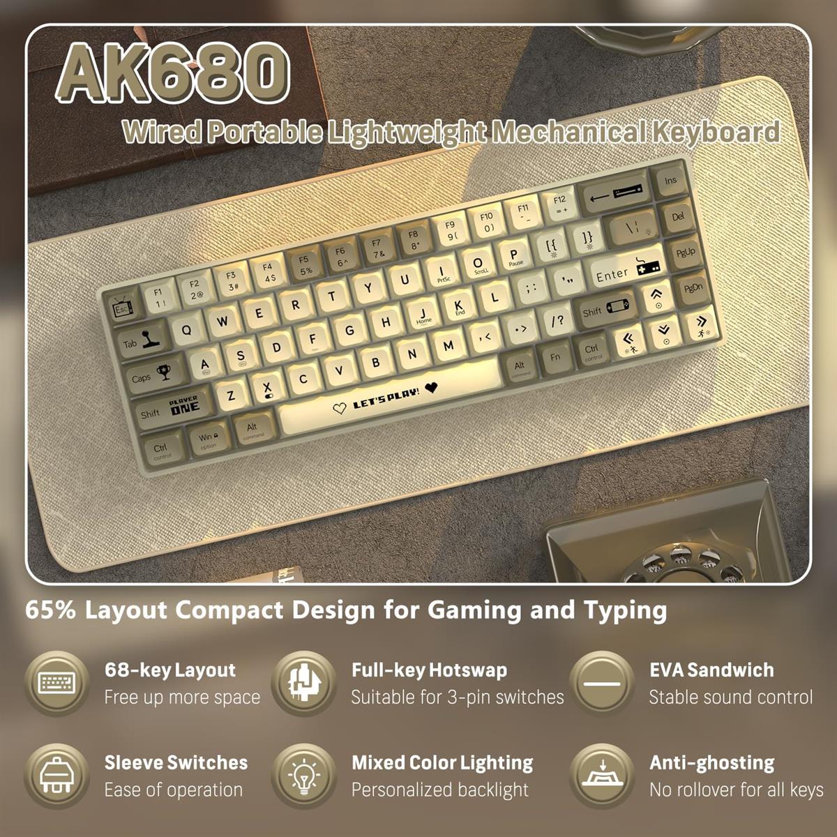 Ajazz AK680 Wired (White Grey, Red Switch) | Wired Gaming Keyboard ...