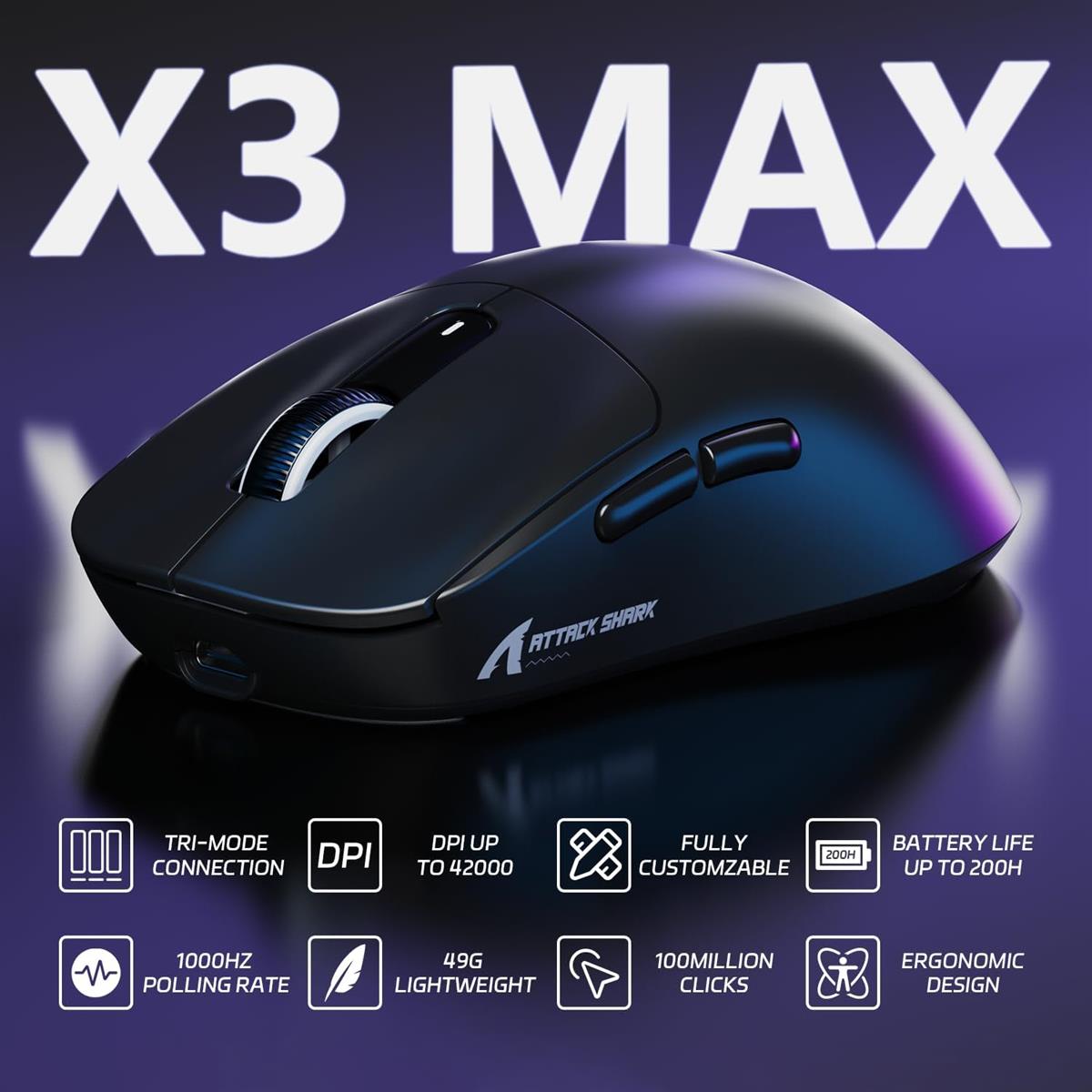 Attack Shark X3 Max (Black, Grip Tape) | Wireless Gaming Mouse | Price ...