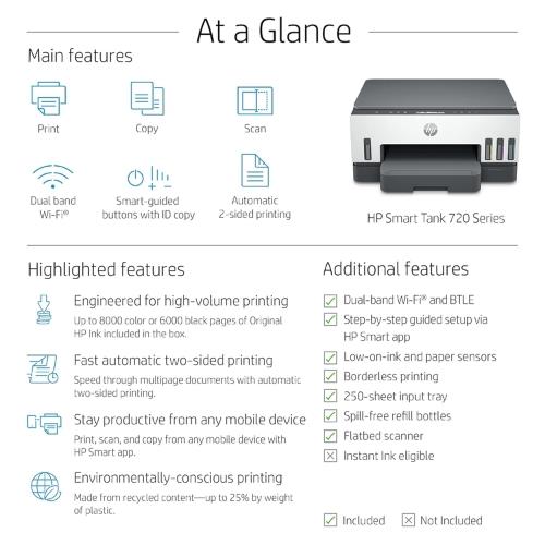 HP Smart Tank 720 All in One Color Printer - WiFi, Print, Scan, Copy ...