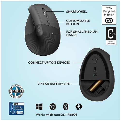 Logitech Lift Vertical Ergonomic Mouse, Wireless, Bluetooth or Logi ...