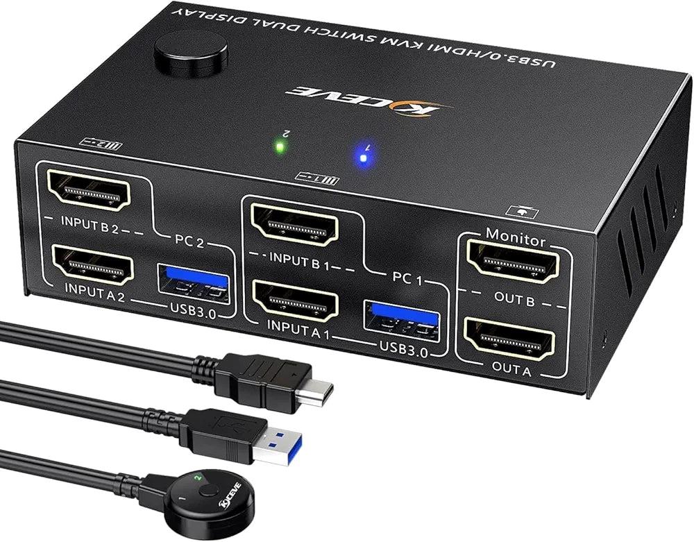 USB 3.0 HDMI KVM Switch 4K@60Hz 2K@144Hz, 2 PC 2 Monitors, EDID ...