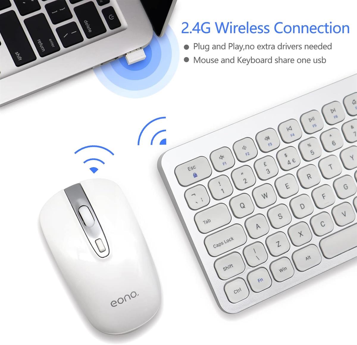 Eono Wireless Keyboard and Mouse Set Ultra Slim Cordless Mouse and ...