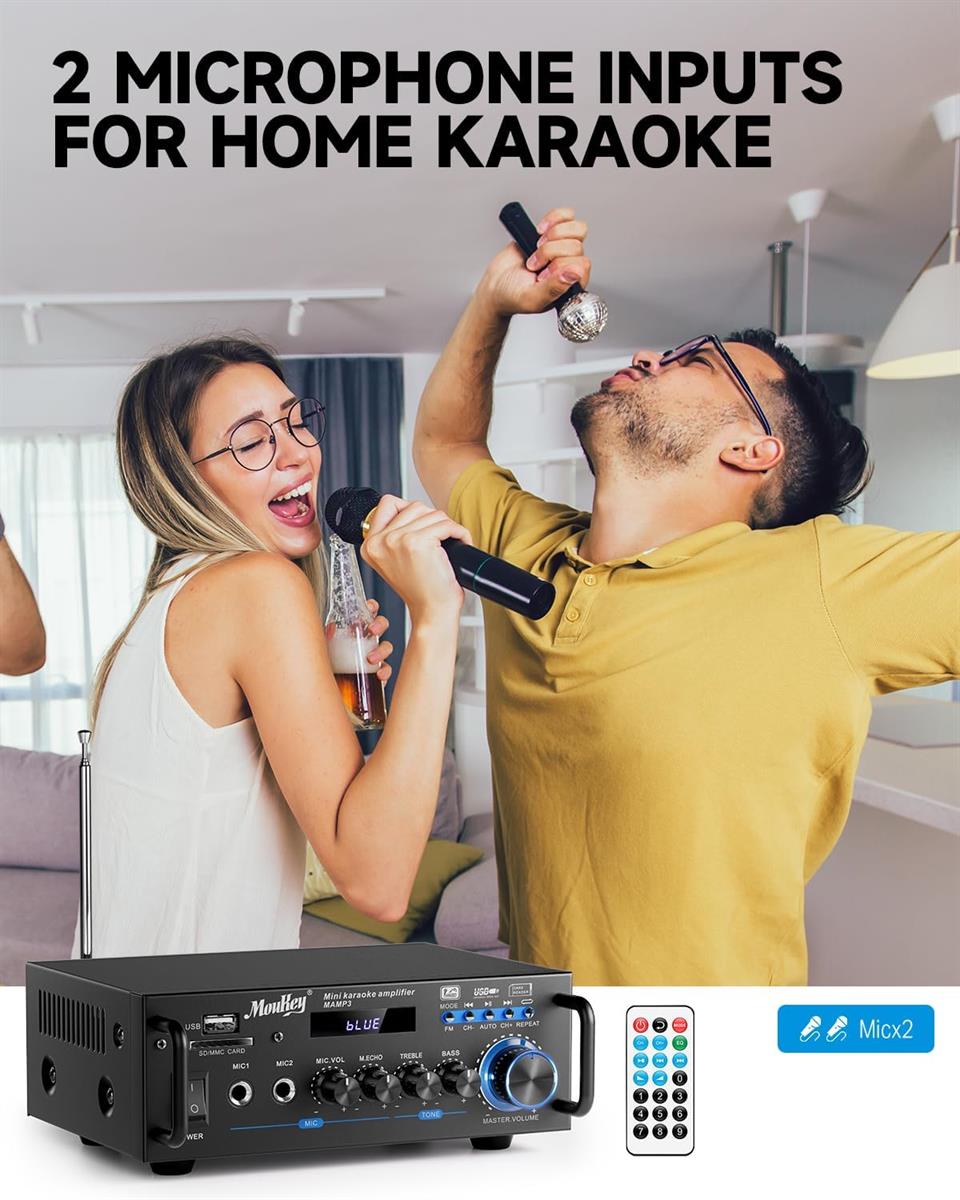 Moukey 2.0 Channel Stereo Bluetooth 5.0 Karaoke Amplifier, 300W Audio ...