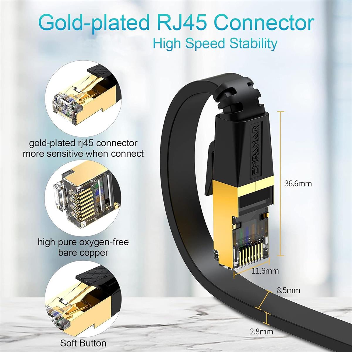 Cat 8 Ethernet Cable 50 ft Flat Black, Cat8 Ethernet Cord High Speed ...