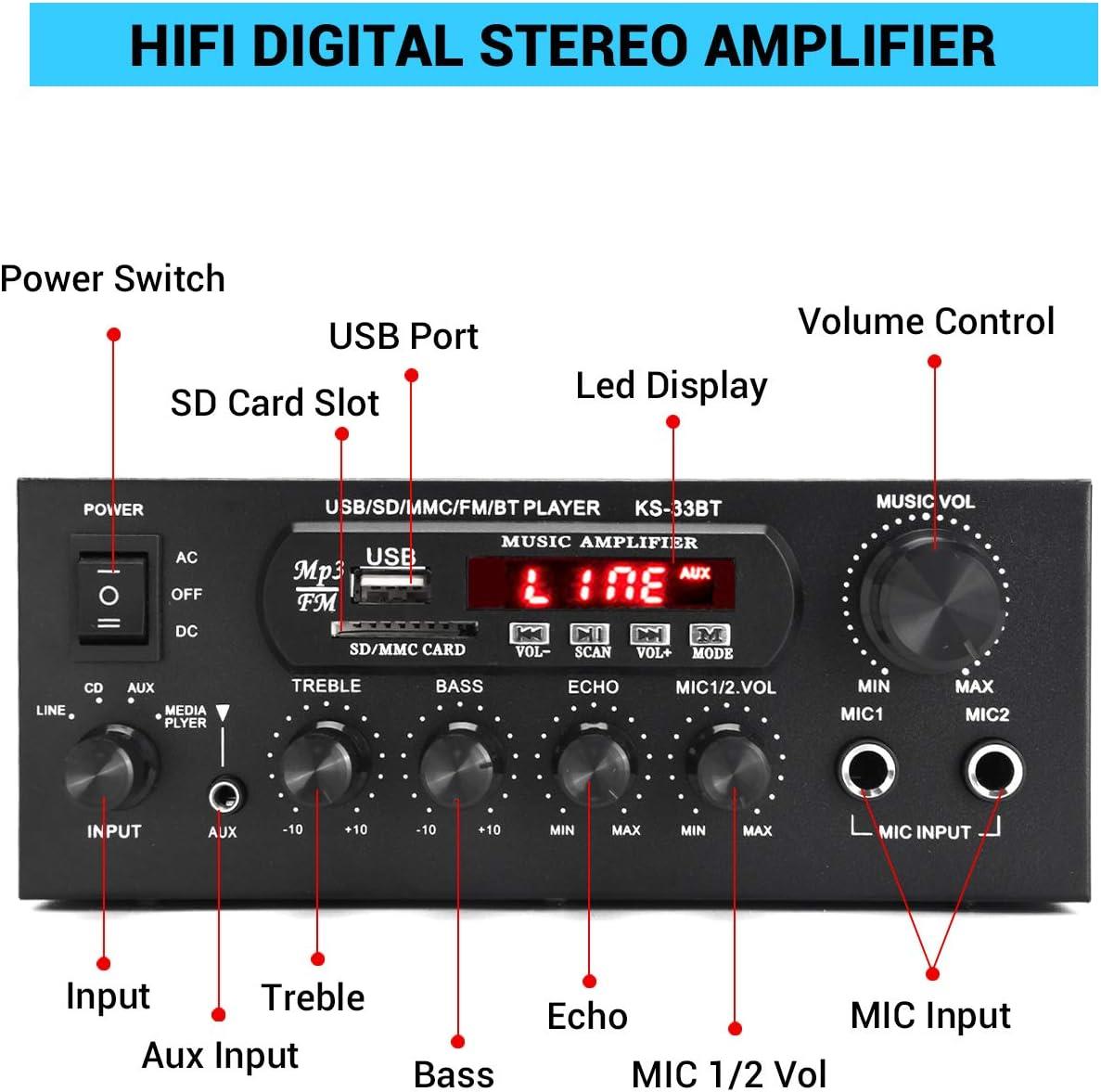 KS-33BT 500W+500W 2CH Bluetooth Power Amplifier, 2xMic Input Digital ...