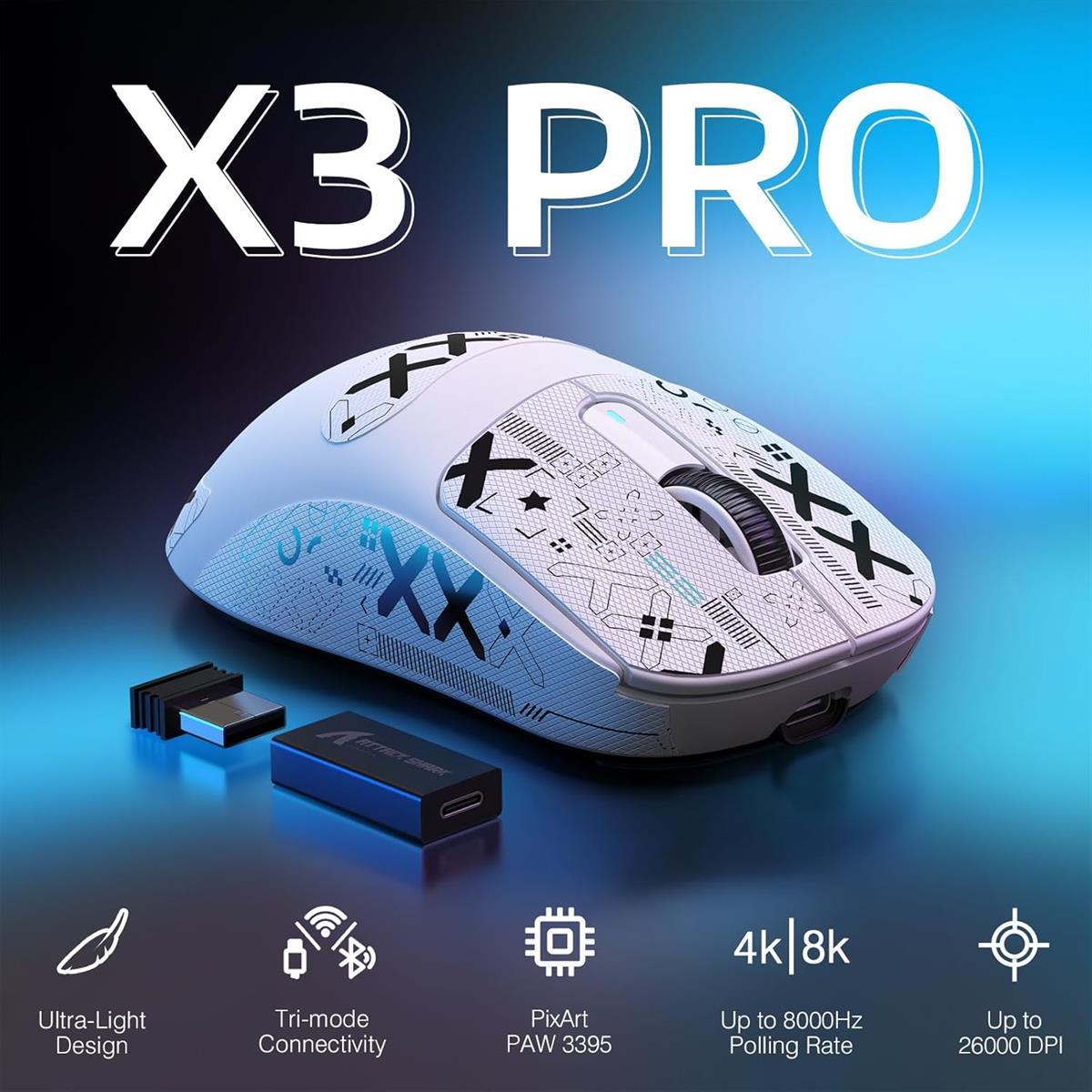 Attack Shark X3Pro 4K/8K Lightweight Wireless Gaming Mouse with Tri-Mode (Wired/2.4GHz/BT ...