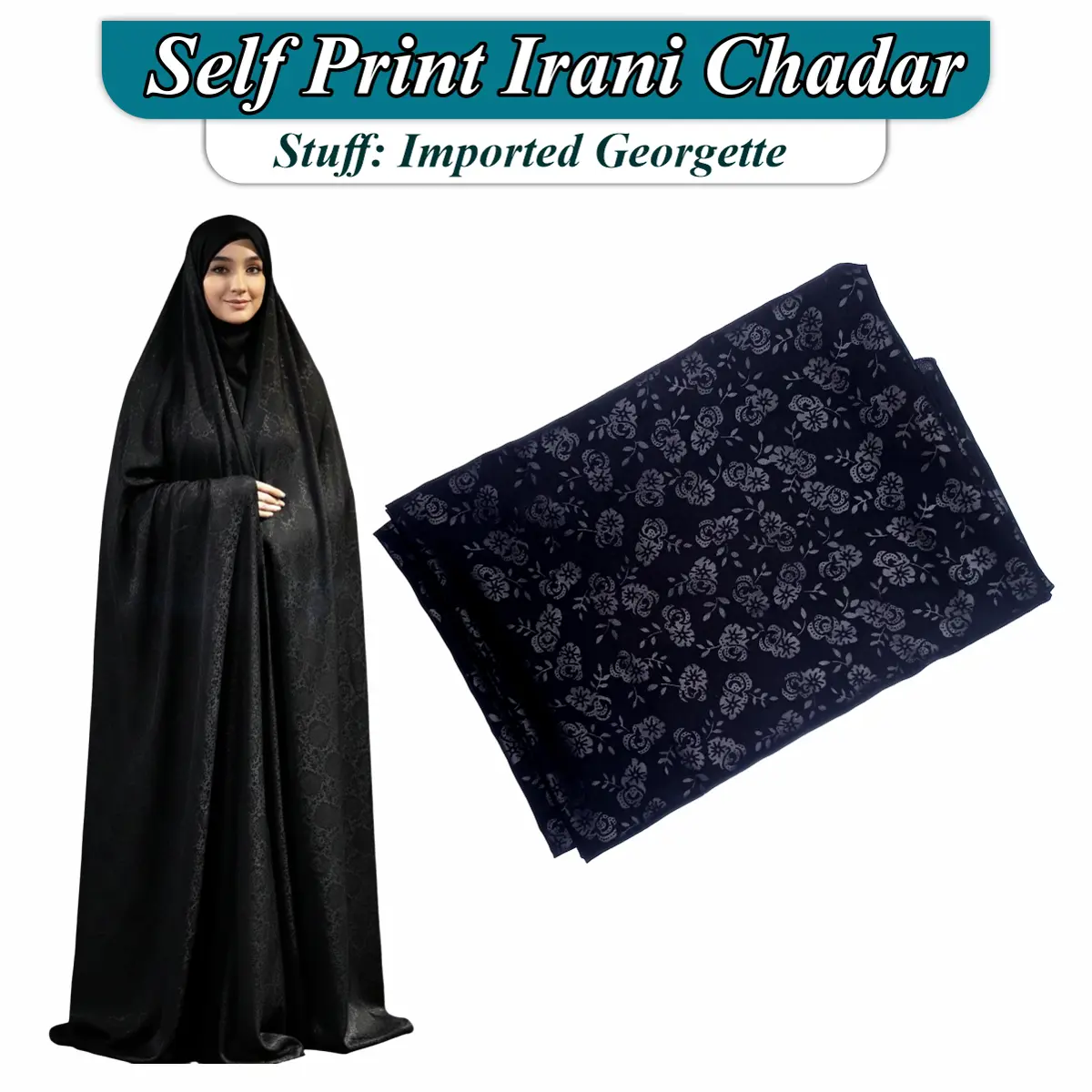 Self Print Irani Round Chadar – Jet Black Georgette Hijab with Elastic ...