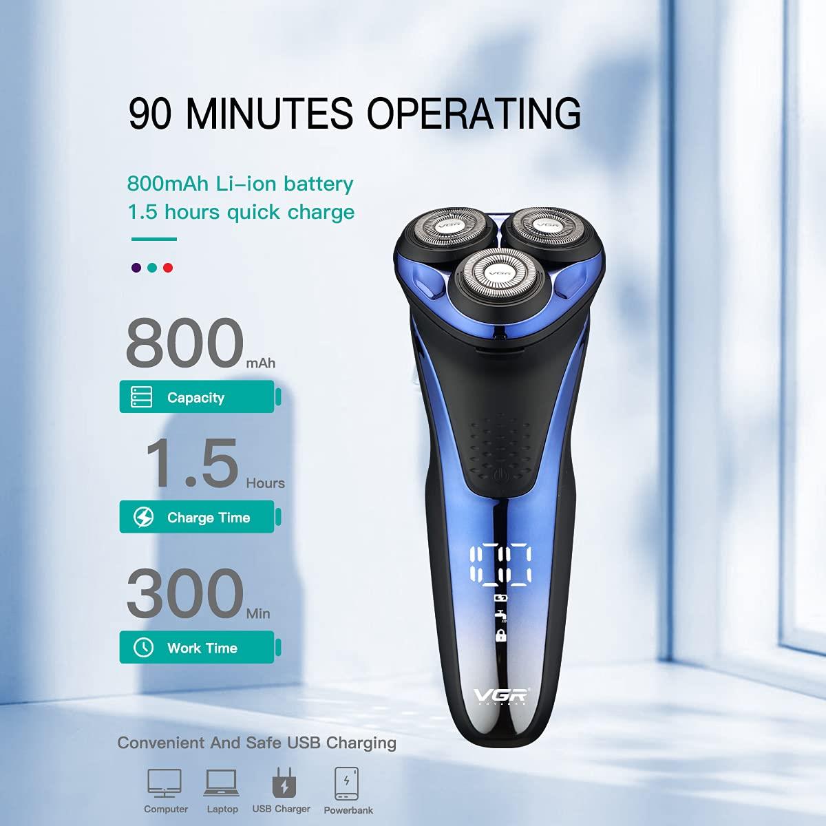 VGR V-306 Wet & Dry Premium Cordless Rechargeable IPX7 Fully Waterproof 3 Head Electric Shaver