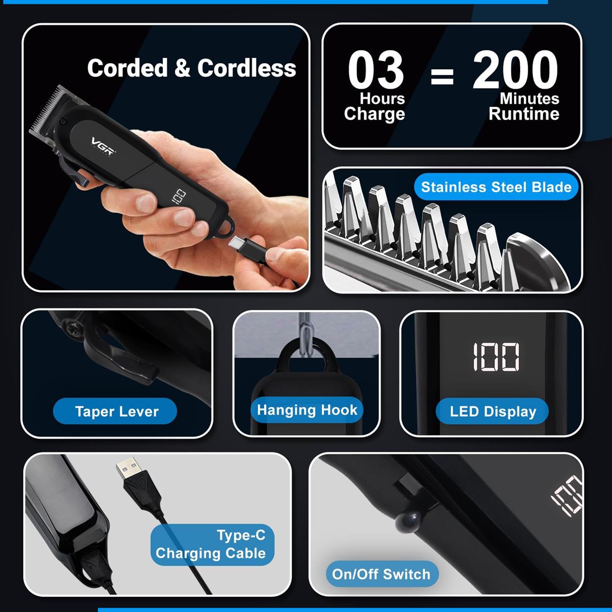VGR VL-118 Limited Edition Professional Corded & Cordless Hair Clipper ...